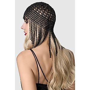 BABEYOND 1920s Beaded Cap Headpiece Roaring 20s Beaded Flapper Headpiece Belly Dance Cap Exotic Cleopatra Headpiece for Gatsby Themed Party (Black)