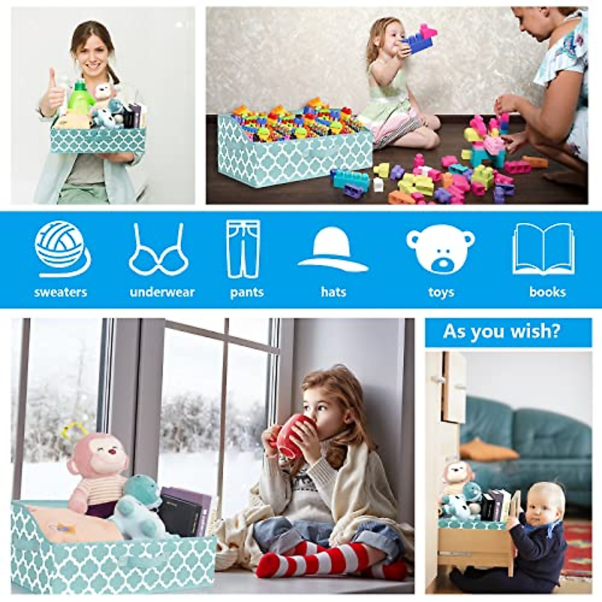 Homyfort Closet Storage Bins, Fabric Organizer Baskets with Handles, Trapezoid Storage Boxes for Organizing, Organization Baskets for Shelf, Clothes, Toys, Baby, Office Supplies, Nursery, Cabinet, Books (3-Pack, Blue)