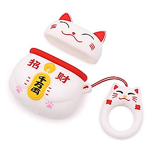 Yonocosta Cute Airpods Case, Airpods 2 Case, Fashion Funny 3D Cartoon Animals White Lucky Cat Kitty Shaped Full Protection Shockproof Soft Silicone Charging Case Cover with Keychain for Airpods 1&2