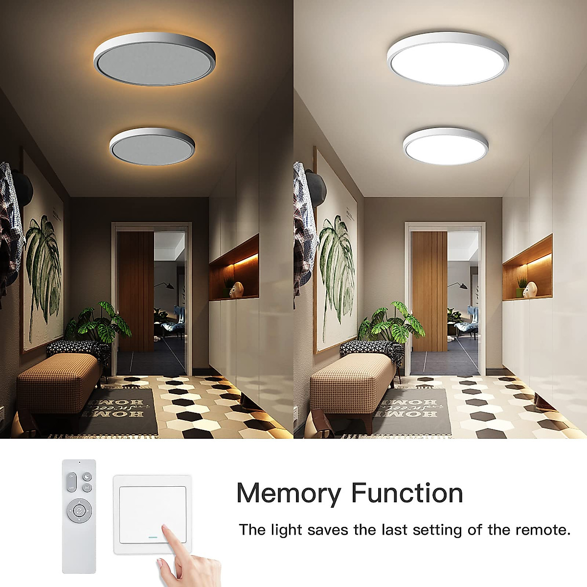 Roomratv Flush Mount Ceiling Light Fixture with Remote Control, Nightlight Warm 3000K, Hardwired 12inch 28W Round, 3000K-6500K Light Color Changeable, Brightness(10% to 100%) Adjustable