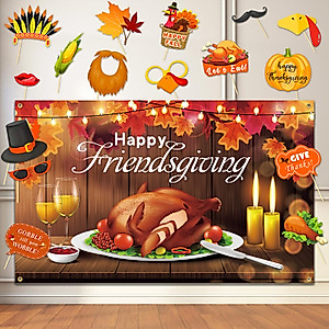 Friendsgiving Backdrop, Friendsgiving Party Decorations Photography Backdrop with Photo Booth Props 16 Pcs, Happy Friendsgiving Banner Decorations Thanksgiving Banner for Thanksgiving Party Decor