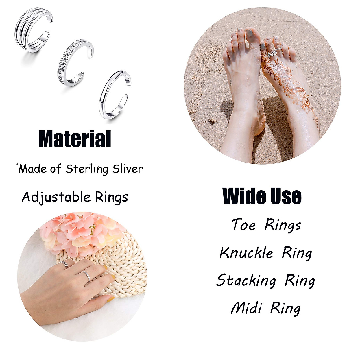 LOYALLOOK 925 Sterling Silver Open Toe Rings Set for Women Simple Thin CZ Tail Band Ring Adjustable