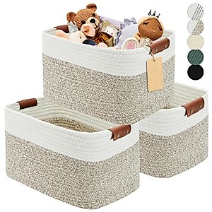 Storage Baskets for Shelves, Cotton Rope Woven Basket With Handles for Organizing, 3-Pack 15"x11"x9.5" Decorative Towel Baskets for Shelves Organizer, Kids Toy Bins, Closet, Baby Nursery, Brown