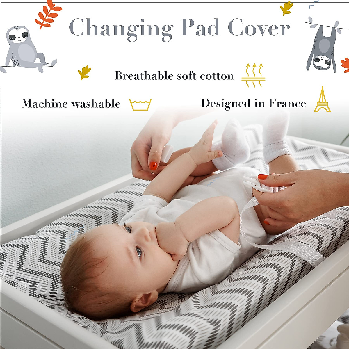 My Little Zone 100% Cotton Changing Pad Cover for Baby Boys and Girls, Chevron - Breathable Bassinet, Mini Crib Mattress Fitted Sheets - Little Sloth, 32"x16" with 8" Deep Pocket, White-Grey, 2 Pack