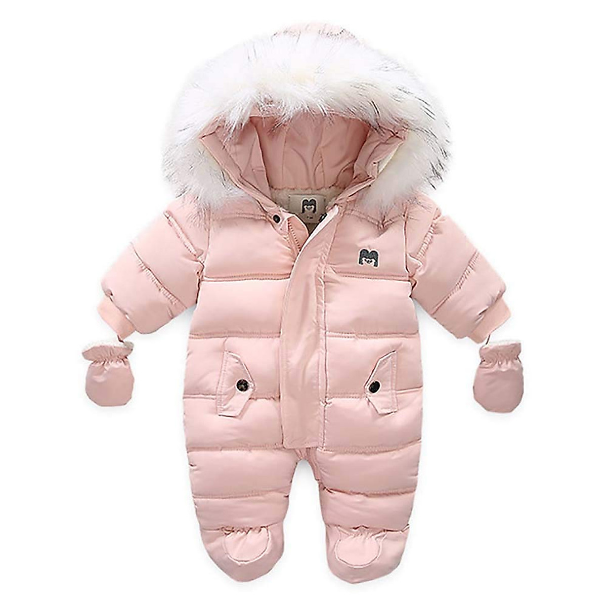 WALLARENEAR Infant Baby Boys Girls Winter Snowsuit Romper Hoodied Footie Outwear Toddler Jumpsuit Down Coat Jacket with Gloves (Pink, 12-18 Months)