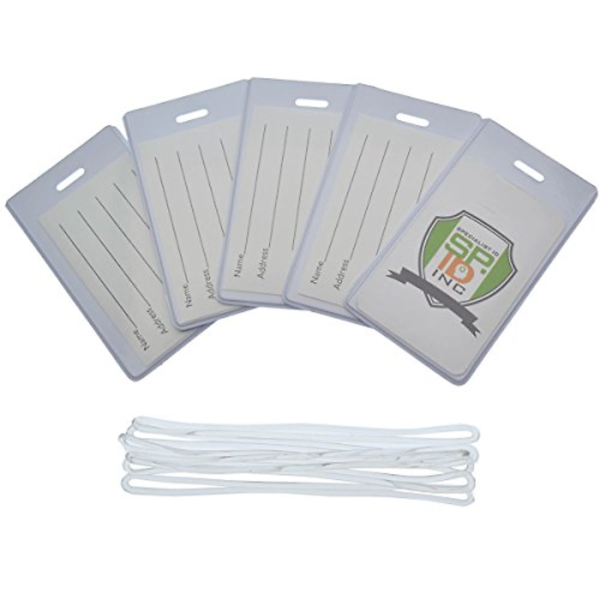 5 Pack - Slim and Sturdy Flexible Backpack & Airline Luggage ID Bag Tags - Business Card Holders - with Secure Plastic Worm Loop Straps by Specialist ID (White)