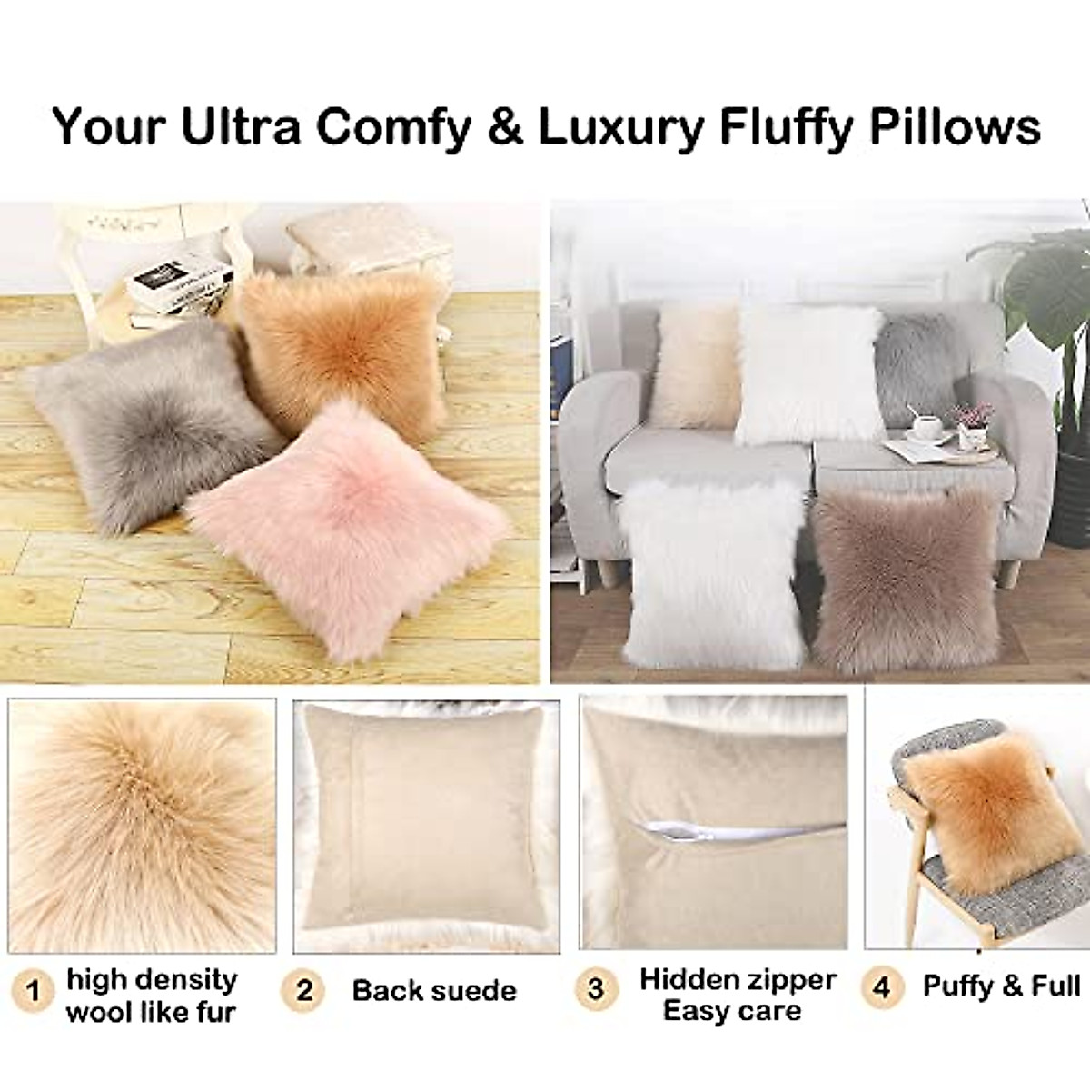 seemehappy 18" x 18" Khaki Fluffy Throw Pillow Cover with Insert Included Faux Fur Throw Pillows Decorative Fuzzy Pillows Furry Pillows Cushions for Chair Couch Bedroom