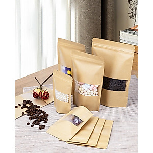 Food Storage Bags 140 Packs Resealable Bags Kraft Paper Bags Coffee Bags Packaging Bags with Window Stand Up Pouches Bags for Small Business Christmas(5.9x8.6 Inches)