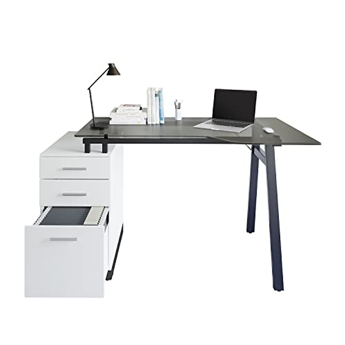 Techni Mobili Modern Smoke Tempered Glass top & Storage Home Office Computer Writing Desk Workstation with Two Cupholders and a Headphone Hook-Pine, 59.5" D x 29.25" W x 29.5" H, White