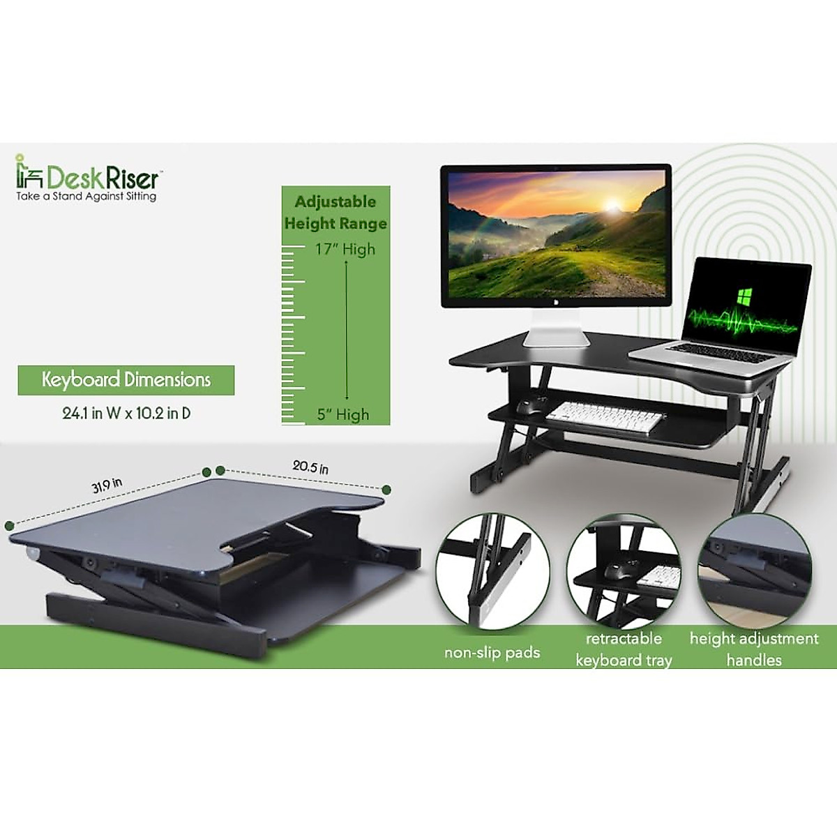 The House of Trade Standing Desk | Desk Riser Classic Stand Up Desk | 32 in Wide Fits 2 Monitors with Retractable Keyboard Tray (Black, 32" Wide)