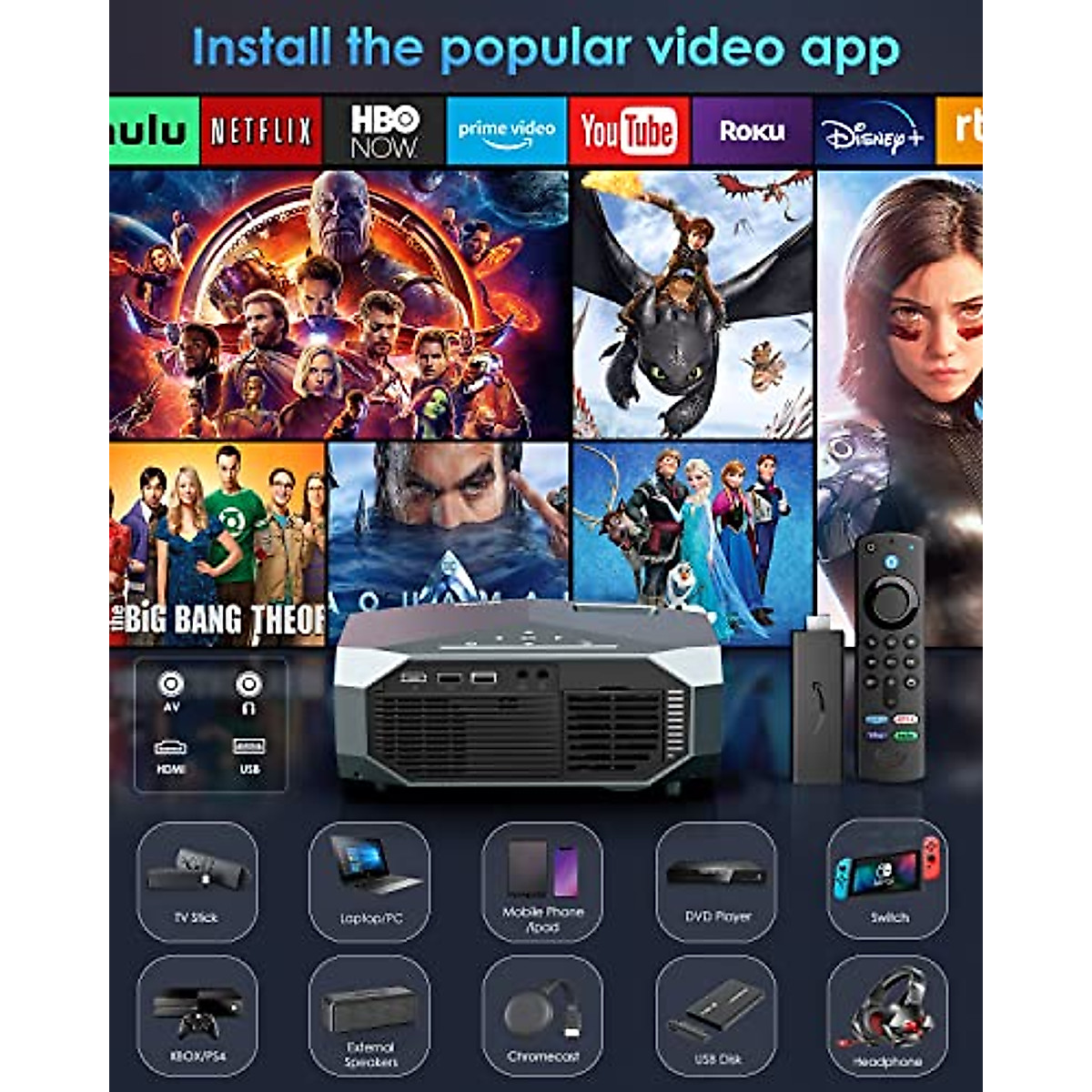 Projector with 5G WiFi & Bluetooth, YOWHICK 10000L Full HD 1080P Outdoor Portable Video Projector Support 4K, Home Theater Movie Projector Compatible with HDMI, VGA, USB, Laptop, iOS & Android Phone