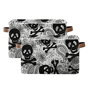 Large Foldable Storage Basket Skull Black Gothic Storage Bin Canvas Toys Box Fabric Decorative Collapsible Organizer Bag with Handles for Bedroom Home