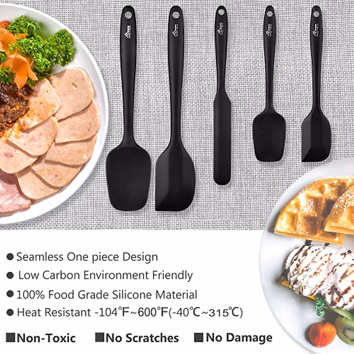HOTEC Food Grade Silicone Rubber Spatula Set for Kitchen Baking, Cooking, and Mixing High Heat Resistant Non Stick Dishwasher Safe BPA-Free Black Set of 5