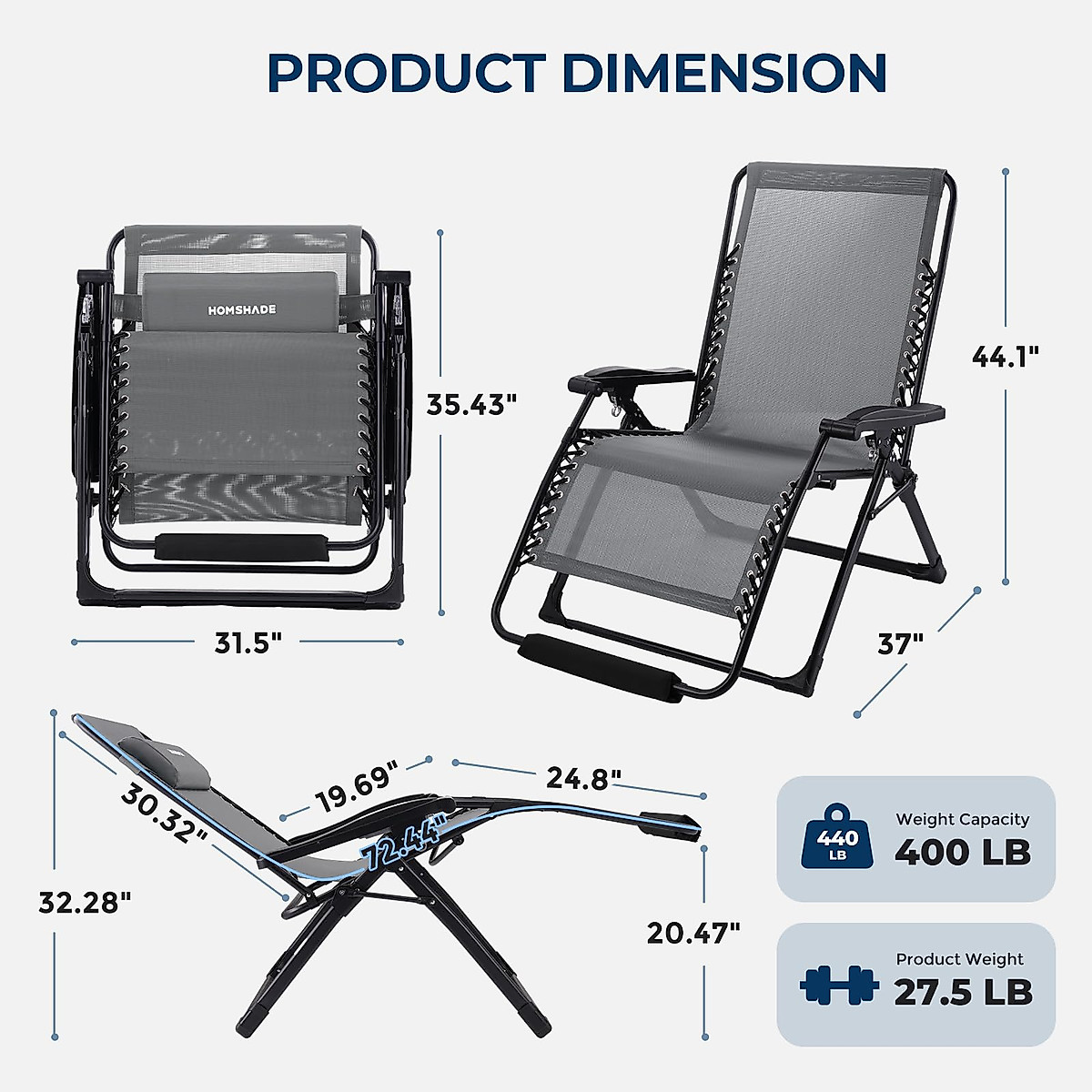 HOMSHADE Folding Zero Gravity Lounge Chair - 33In Outdoor Patio Reclining Chair with Cushion, Headrest, Cup Holder, Footrest, Weight Capacity 400LB, Grey