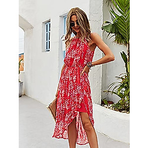 ECOWISH Womens Casual Halter Dress High Low Sleeveless Floral Long Maxi Chiffon Sundress 169 Red Medium