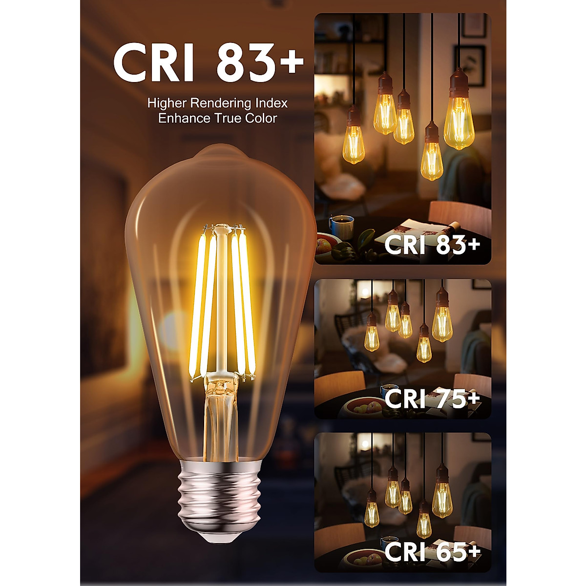 Brightown Vintage LED Edison Bulbs, 6W, Equivalent 60W, High Bright 2700K Warm White,750 Lumens, Non-Dimmable, E26 Medium Base ST58 Antique Filament Bulbs with 83+ CRI for Ceiling Fan Bathroom Porch