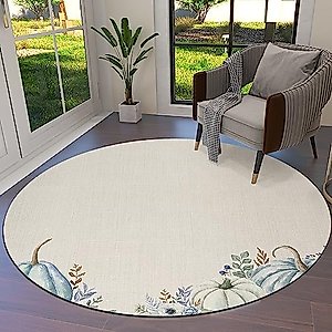 Thanksgiving Pumpkin Round Area Rug 6ft,Washable Outdoor Indoor Carpet Runner Rug for Bedroom,Kitchen,Living Room,Office,Area+Rug Large Bath Door Desk Floor Mat Blue White Fall Eucalyptus Leaves