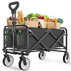 Collapsible Folding Wagon Cart, Heavy Duty Utility Beach Wagon Cart with Wheels Foldable, 220LBS Large Capacity Foldable Grocery Wagon for Camping Garden Shopping Sports, Black/1 Year Warranty