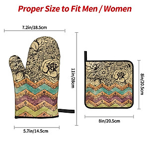 KLATIE Boho Oven Mitts and Pot Holders Sets of 4, Heat Resistant Hot Pad, Bohemian Style BBQ Gloves for Kitchen, Cooking, Baking, Grilling