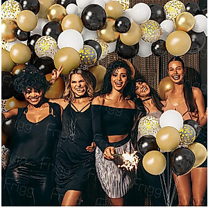 Happy Birthday Decorations,Black Gold Confetti Balloons, 52Pcs 12Inch Gold White and Black Confetti Balloons with Gold Ribbons for Birthday Party,Black Gold Party Decorations