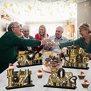 Eiurteao 4 Pieces 50th Anniversary Decorations Married in 1974 Wooden Table Sign, Black Gold Happy 50 Wedding Anniversary Table Centerpieces Party Supplies, Cheers to 50 Year Anniversary Table Decor
