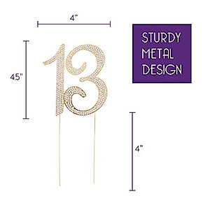 Ella Celebration 13 Cake Topper for 13th Birthday Party, Gold Rhinestone Metal Number Decoration (Gold)
