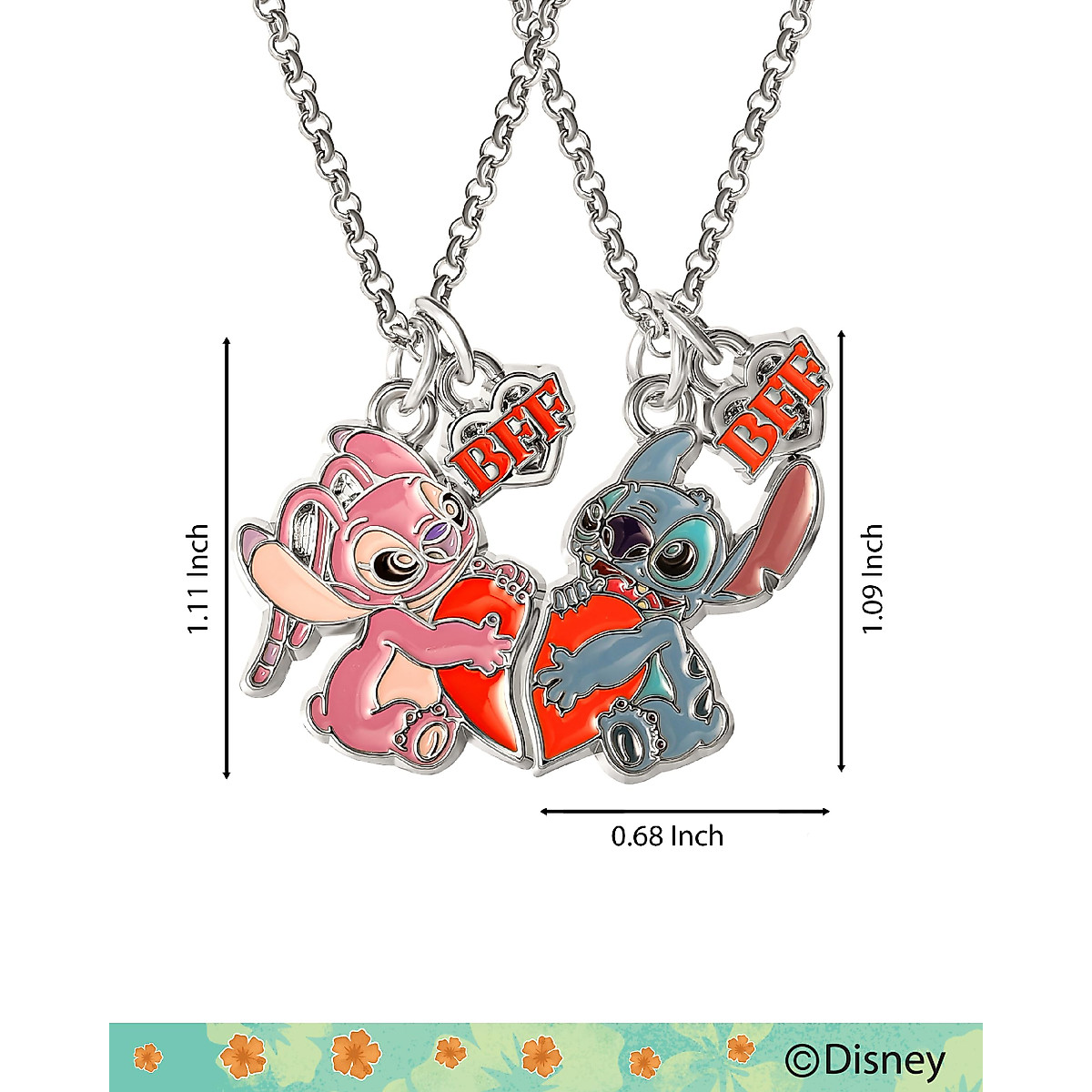 Disney Lilo & Stitch BFF Necklace Set of 2 16"+3" Official License, Best Friends Necklaces with Angel & Stitch Pendant