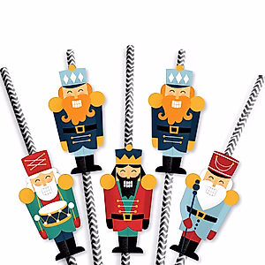 Big Dot of Happiness Christmas Nutcracker - Paper Straw Decor - Holiday Party Striped Decorative Straws - Set of 24