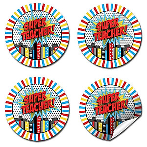 Super Teacher Super Hero Themed Teacher Appreciation Thank You Sticker Labels, 40 2" Party Circle Stickers by AmandaCreation, Great for Envelope Seals & Gift Bags