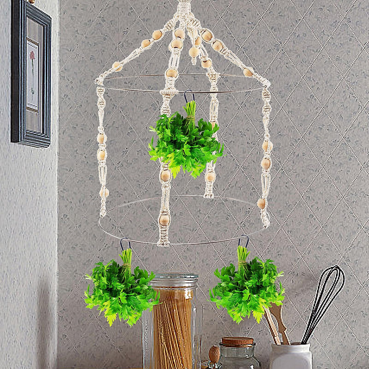 ZUDKSUY Double Hanging Drying Rack with 15 Hooks Hand-Woven Hanging Vegetable Drying Rack, Air-Dried Vegetable and Dried Fruit Rack for Air-Dried Plants, Spices and Flowers