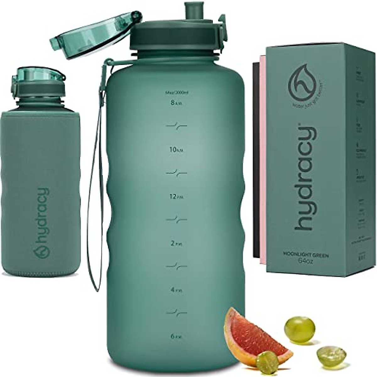Hydracy Water Bottle with Time Marker -Large Half Gallon 64oz BPA Free Bottle & No Sweat Sleeve -Leak Proof Gym Bottle with Fruit Infuser Strainer & Times to Drink -Ideal Gift for Sports & Outdoors