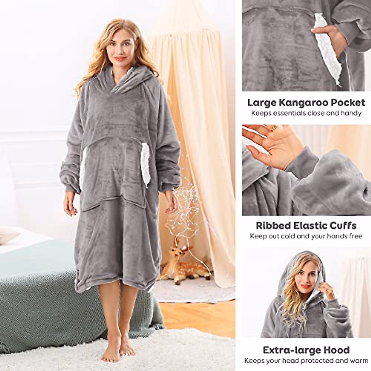 Uttermara Knit Weighted Blanket 10 Pounds 50x60 Inches, Weighted Blankets Knitted, Grey + Blanket Hoodie Women and Men with Giant Front Pocket Elastic Sleeve, Gray