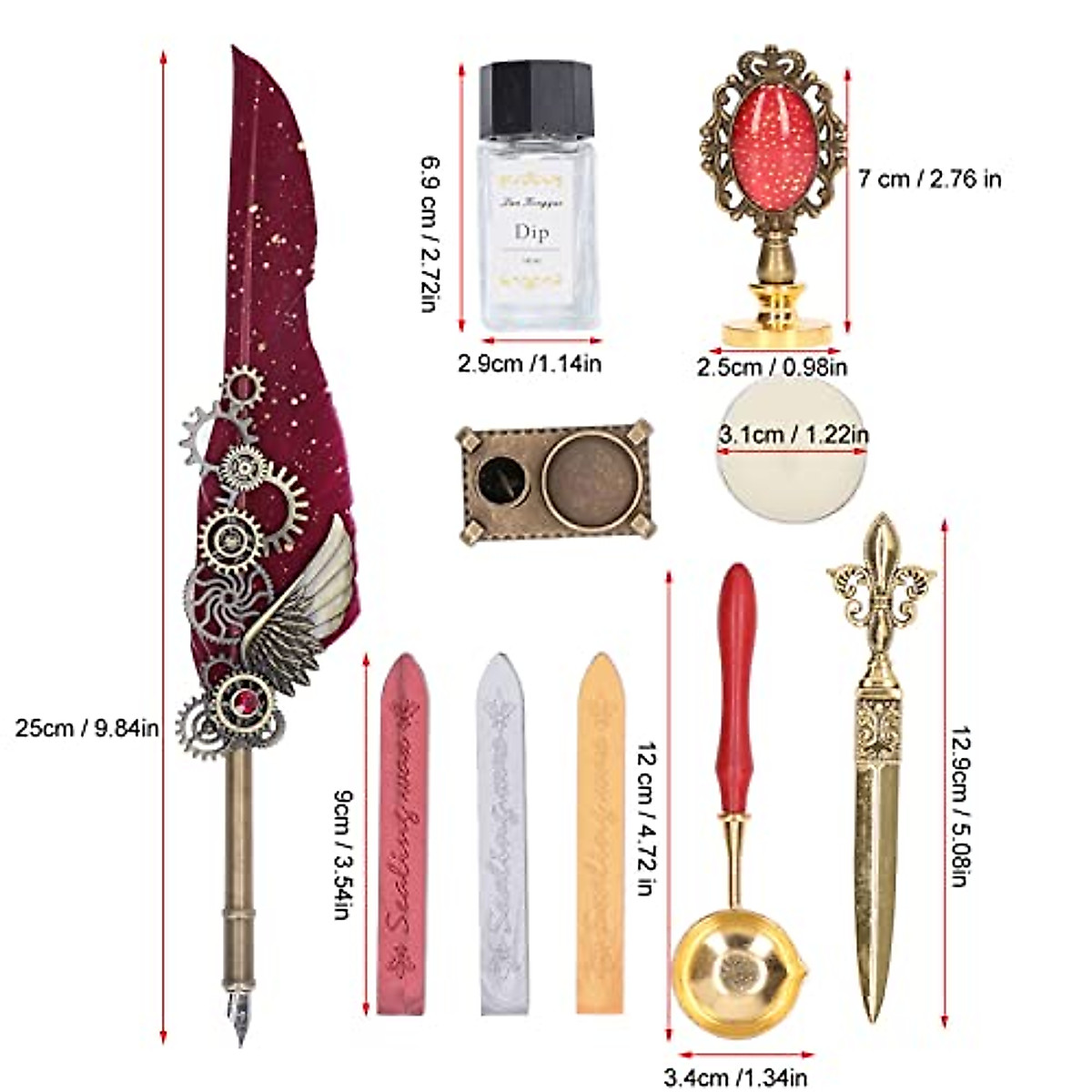 GLOGLOW Feather Pen Set, Vintage Calligraphy Quill Pen Set with 5 Nibs Stamp Pen Holder Letter Knife Spoon Empty Ink Bottle for Calligraphy Lovers Wine Red