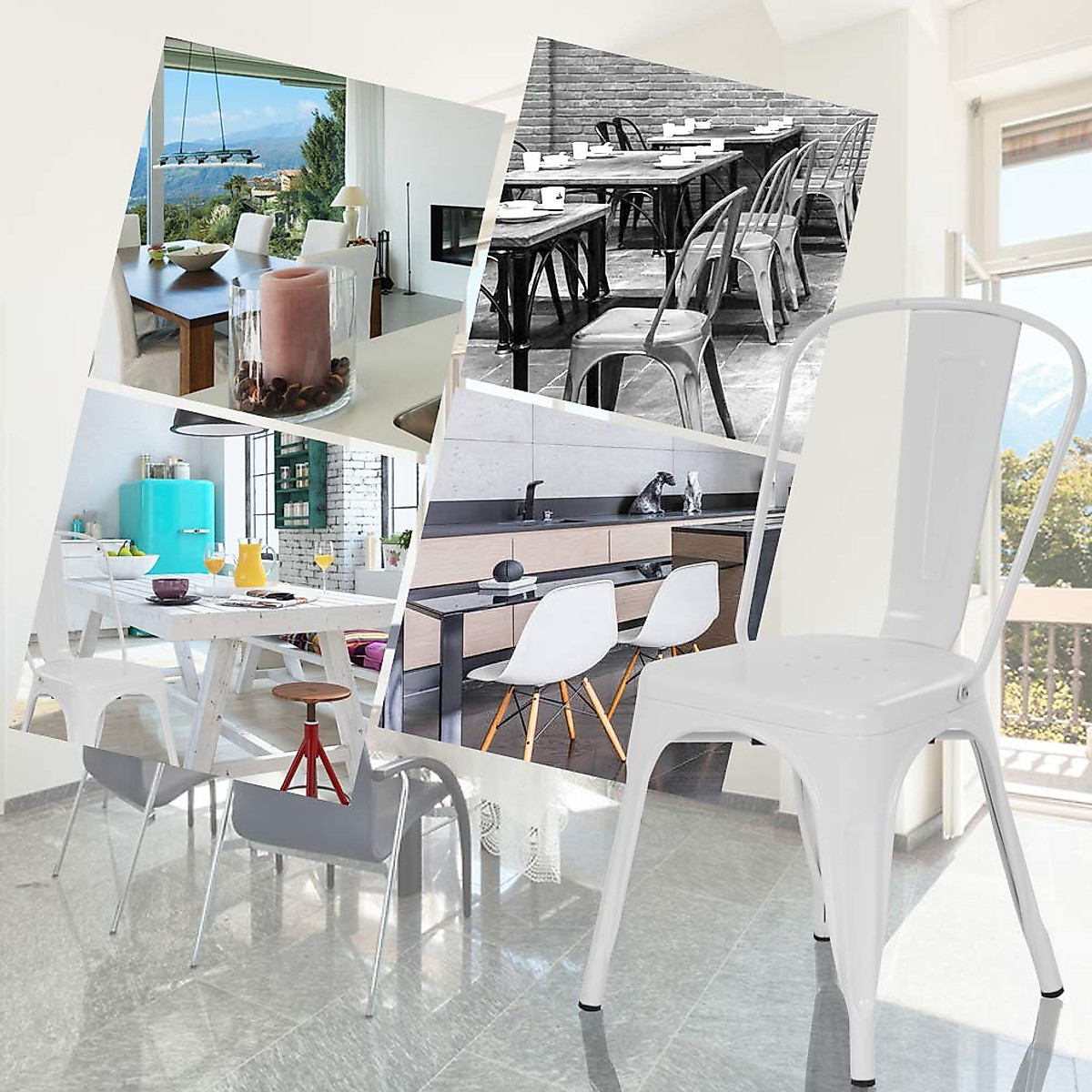 Metal Dining Chairs Indoor-Outdoor Stackable Chic Restaurant Side Bistro Chair Set of 2, 18 Inch Seat Height, 330LBS Weight Capacity Cafe Tolix Kitchen Farmhouse Pub Trattoria Industrial Bar Chairs