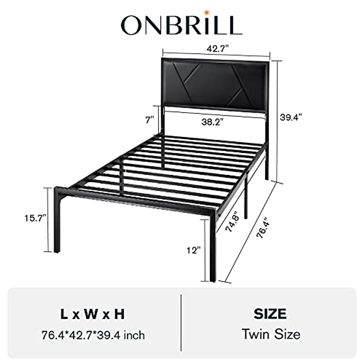 ONBRILL Twin Size Modern Metal Bed Frame with Contemporary Faux Leather and Upholstered Headboard，No Box Spring Needed, Black