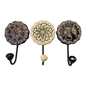 Decorative Mandala Pattern Ceramic Flower Shaped Coat Wall Hooks (Set of 3)