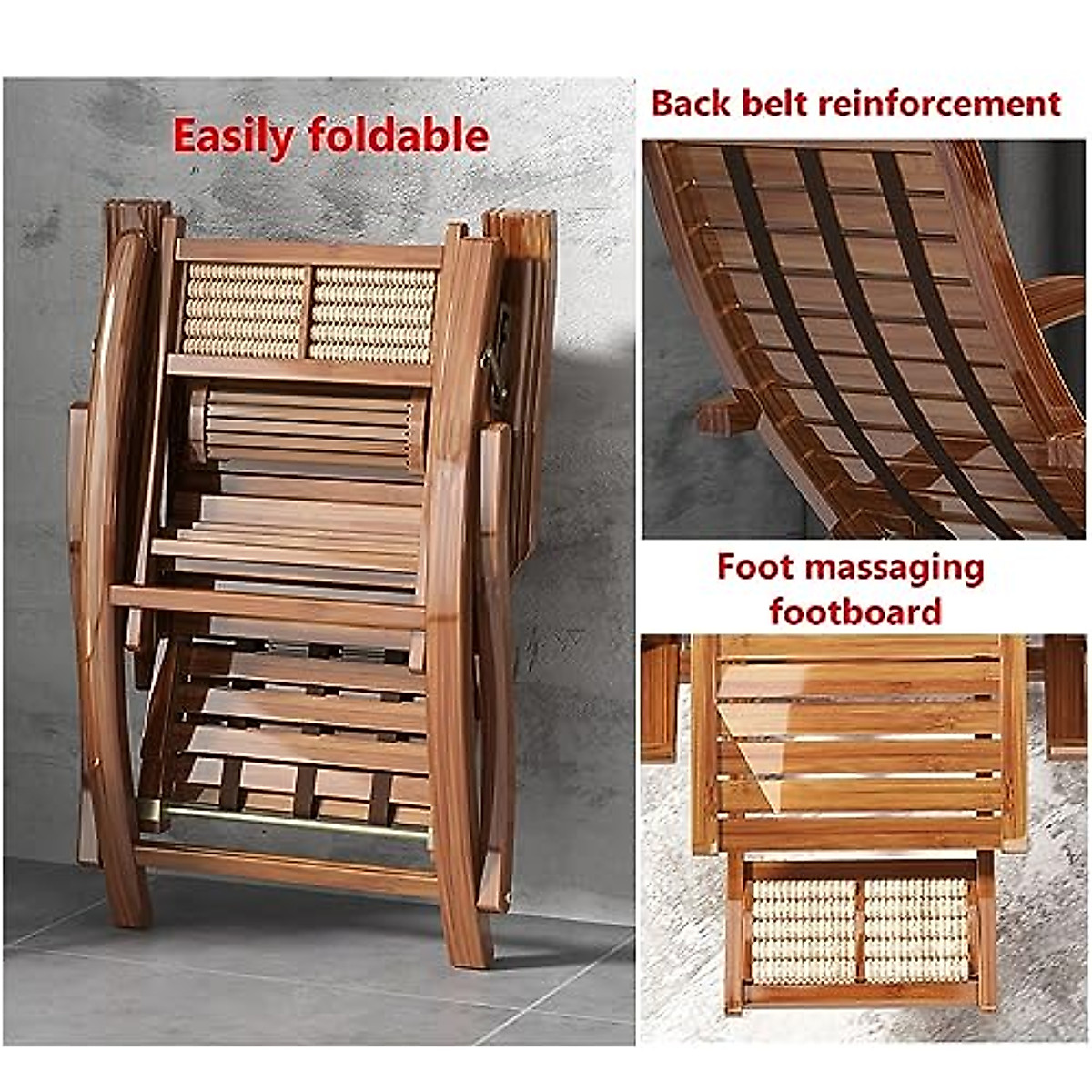 LEIYTFE Garden Bamboo Rocking Chair Folding Reclining Patio Chairs Adjustable Back Balcony Lounge Chair with Foot Massage,Upholstered Rocker Chair for Elderly (Color : Gray, Size : Log)