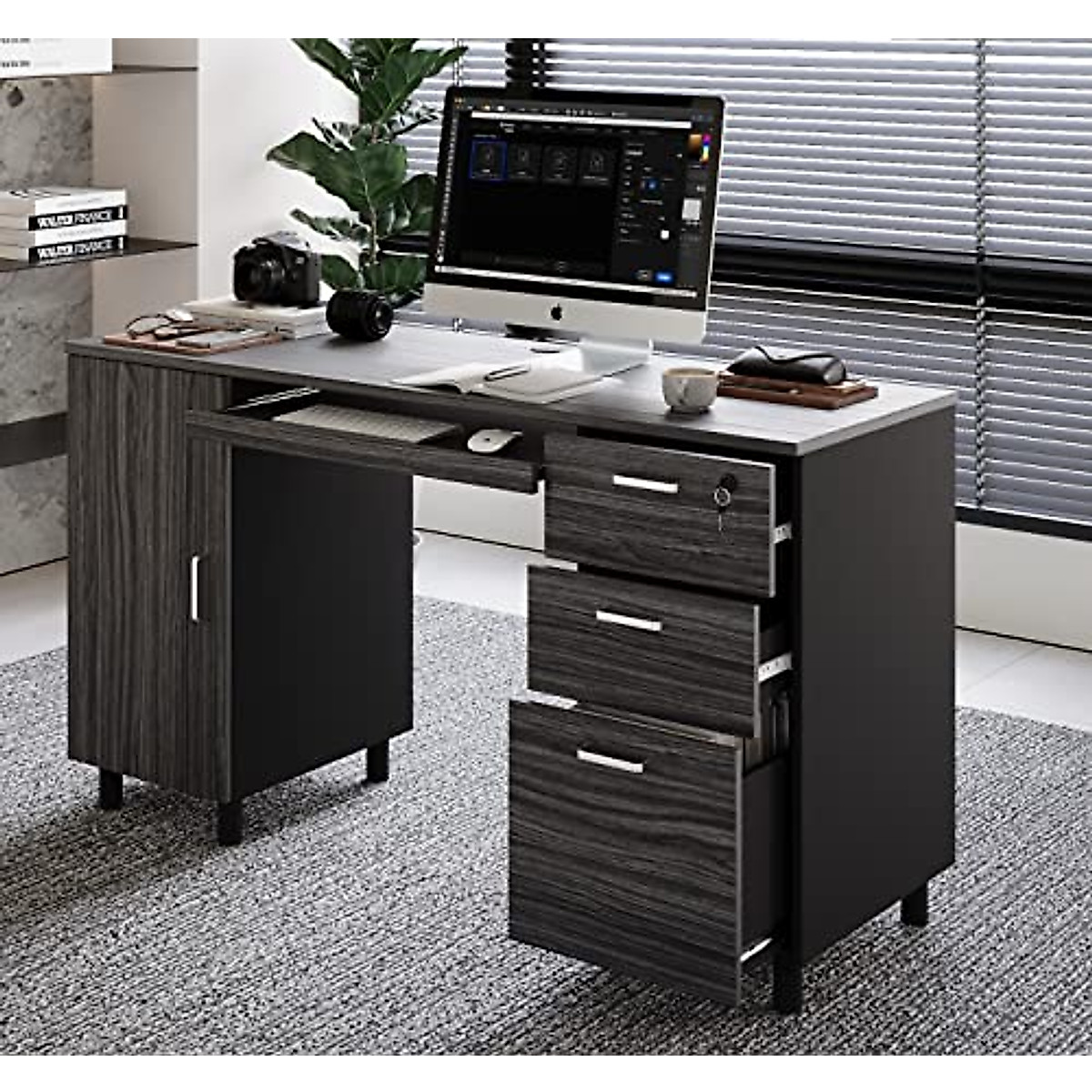 Modern Design By Crafts & comfort Venice Computer Desk - Office Desk with 3 Drawers & CPU Storage Cabinet - Laptop Workstation with Keyboard Tray & Cable Hole - Home & Office Supplies -Slate/Black