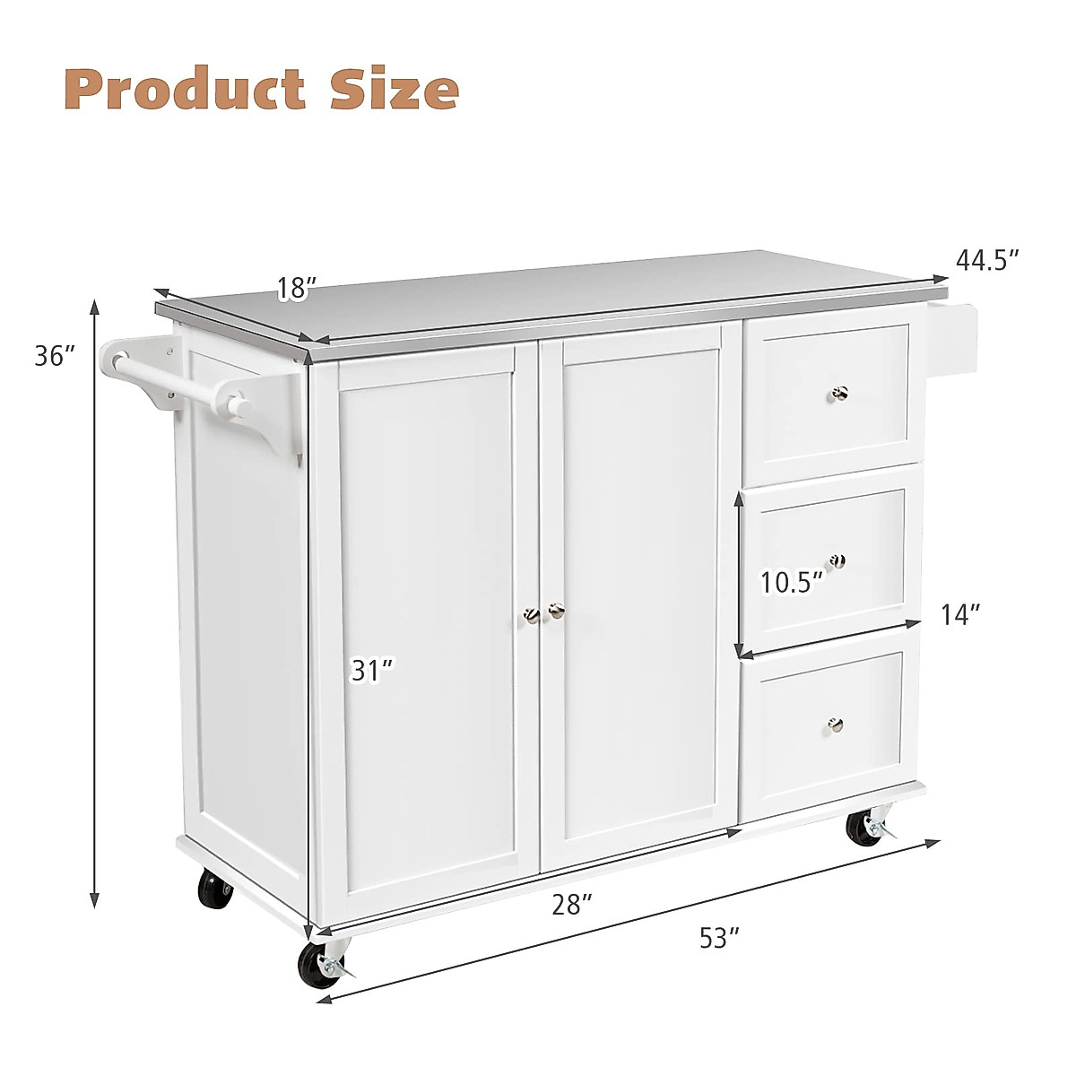 COSTWAY Kitchen Island cart on Wheels, Mobile Serving Cart w/Stainless Steel Countertop, 3 Drawers, 2-Door Cabinet, Adjustable Shelves, Towel Holder & Spice Rack, Utility Trolley on Wheels, White