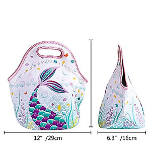 Mermaid Lunch Bag - Neoprene Kids Lunch Bag for Girls Gift Back to School Preschool Kindergarten Elementary Lunchbag Outdoor Picnic Camping Reusable Lunch Tote Bag