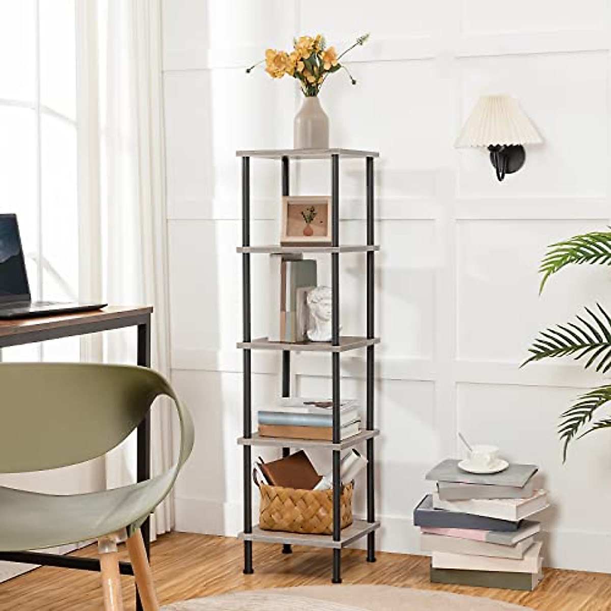HOOBRO End Table with Charging Station and 5-Tier Corner Shelf, Narrow Side Table with 2 Drawers, Wood Storage Rack Plant Stand, Nightstand for Small Spaces, Greige BG541BZ01-BG50CJ01