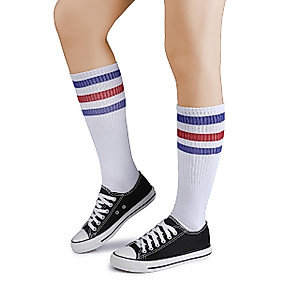 Leotruny Knee High Tube Socks: Over the Calf Retro Socks - Striped Tube Socks for Men Women White Blue Red