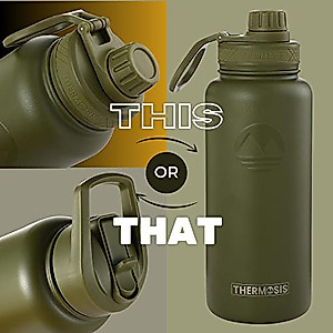 Thermosis 32 oz Insulated Water Bottle With Straw, 1 Liter Stainless Steel Water Bottles with 2 Lids (Straw and Handle Lids). Wide Mouth Travel Metal Water Bottle for Sports and Gym - Army Green