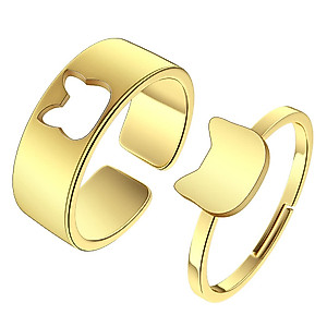 Chereda 2PCS Matching Cute Animals Promise Engagement Rings Lovers Gift for Couples Boyfriend Jewelry 316L Stainless Steel Adjustable Open Ring (Cat-g, Adjustable)
