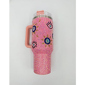 Rhinestone Insulated Tumbler with Handle, 40 oz, Pink with Evil Eye Design, Stainless Steel, Includes Straw and Cleaning Kit