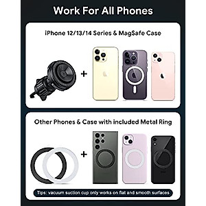 OMOTON for MagSafe Car Mount, O-Mag DriveSafe Magnetic Air Vent Car Phone Holder, Powerful Magnetic Mounting and Vacuum Suction Cup for iPhone 14 13 12 Pro Plus Max Mini MagSafe Case