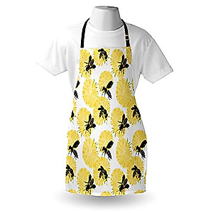 Ambesonne Bee Apron, Bees and Dandelion Flowers in Nature Detail Theme on White Background Print, Unisex Kitchen Bib with Adjustable Neck for Cooking Gardening, Adult Size, Black Yellow