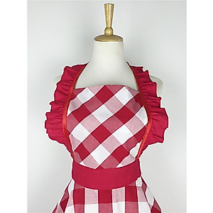Hyzrz Lovely Retro Aprons for Women with Pocket Cotton Cooking Mother's Day Apron Dress Gift (Red Grid)