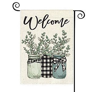 AVOIN colorlife Eucalyptus Mason Jar Spring Summer Garden Flag 12x18 Inch Double Sided Outside, Buffalo Plaid Welcome Yard Outdoor Flag