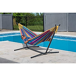 Vivere Double Cotton Hammock with Space Saving Steel Stand, Tropical (450 lb Capacity - Premium Carry Bag Included)